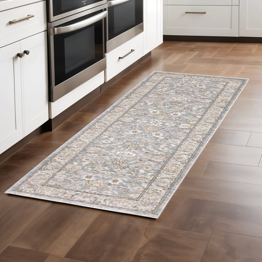 8' Blue Ivory Machine Woven Floral Oriental Indoor Runner | HomeRoots