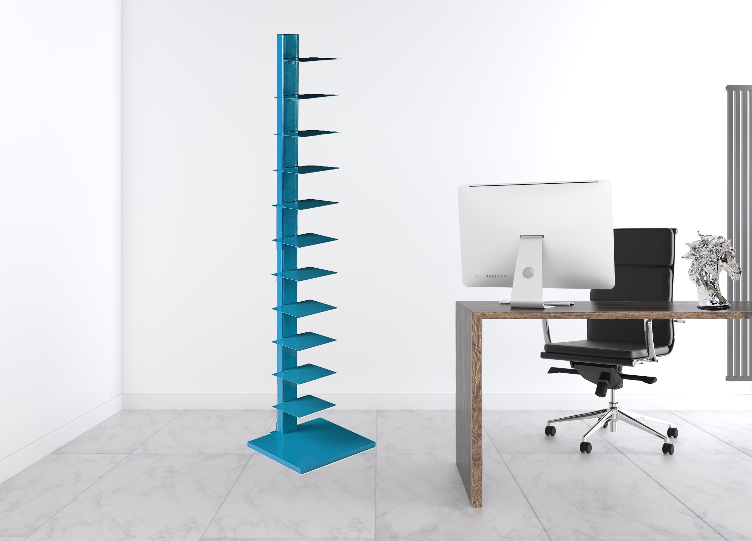 65" Blue Metal Twelve Tier Narrow Tower Bookcase - TonerQuest