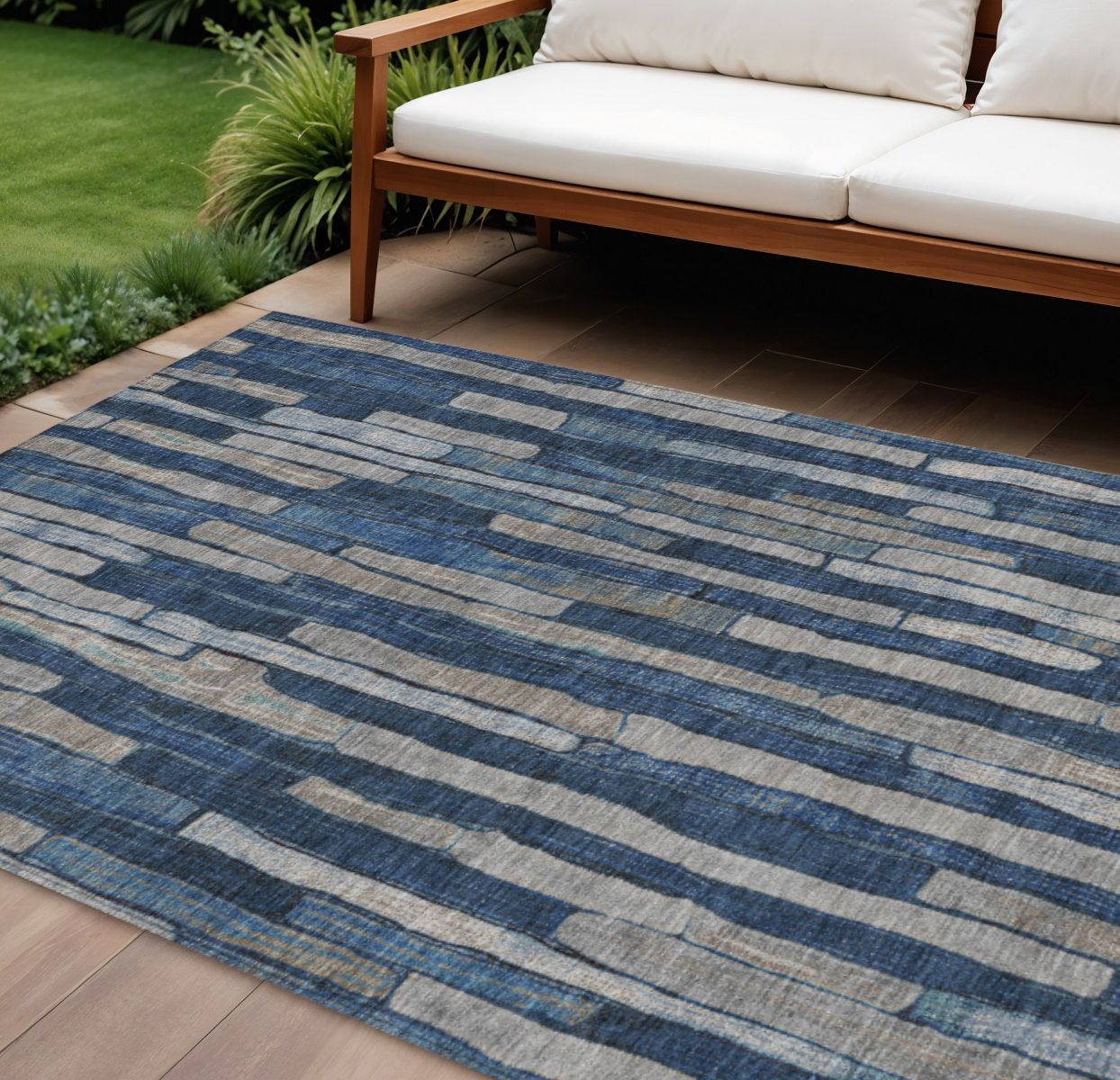 8' X 10' Navy Blue And Denim Blue Striped Washable Indoor Outdoor Area ...